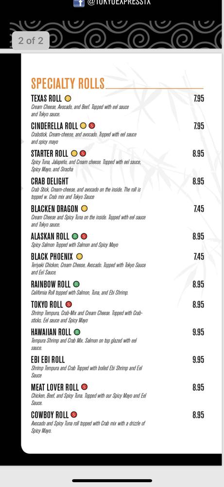 Menu at Tokyo Express restaurant, Windcrest
