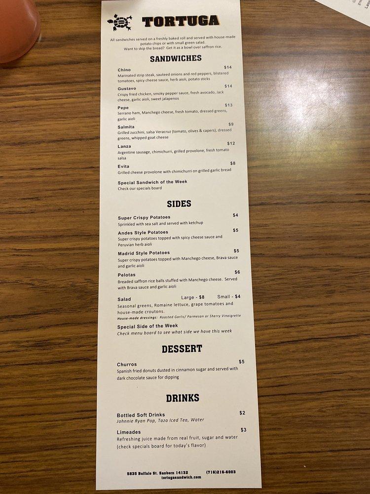 Menu at Tortuga Sandwich Shop restaurant, Sanborn