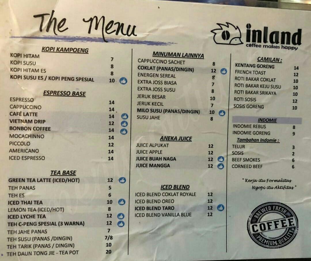 Menu at Cafe Inland Siam, Pontianak