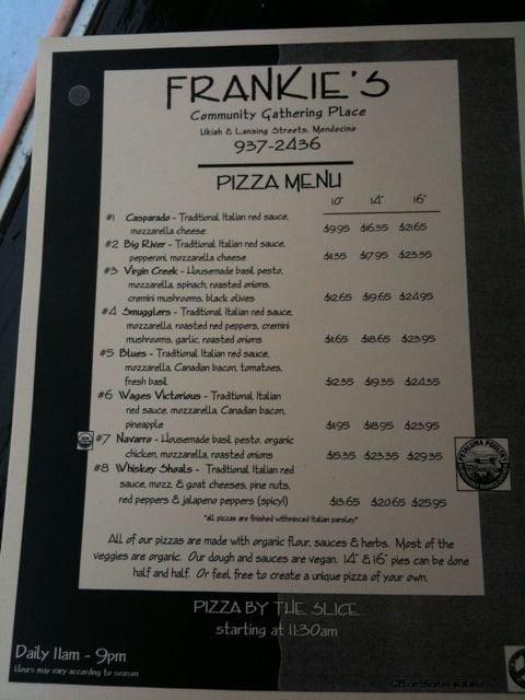 Menu at Frankie's pizzeria, Mendocino