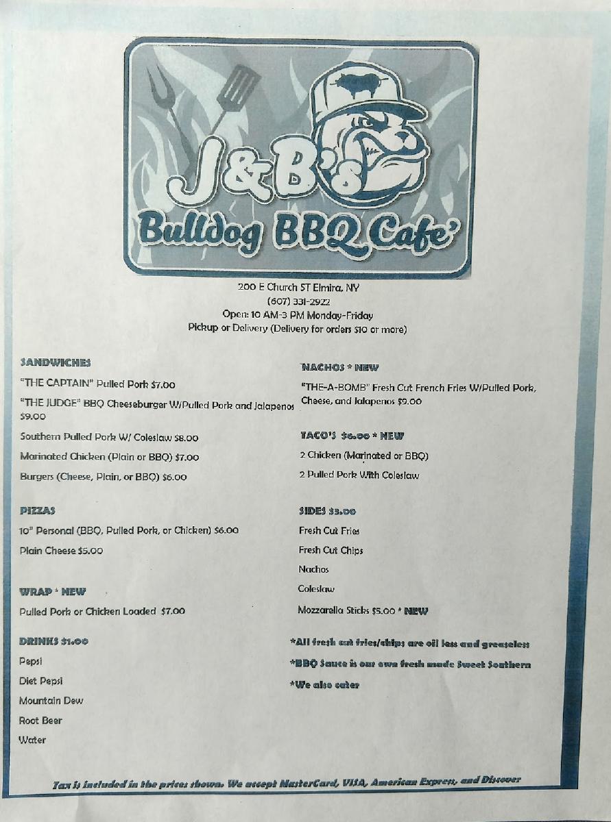 Menu at JBs restaurant, Elmira Heights