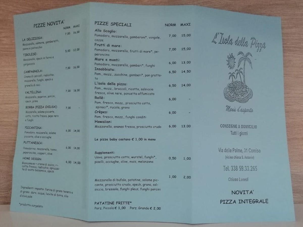 Carta de pizzería L'isola della Pizza, Comiso