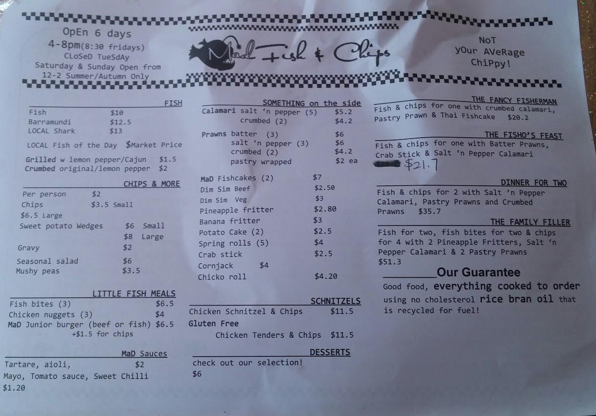 Menu at Madfish & Chips restaurant, Denmark