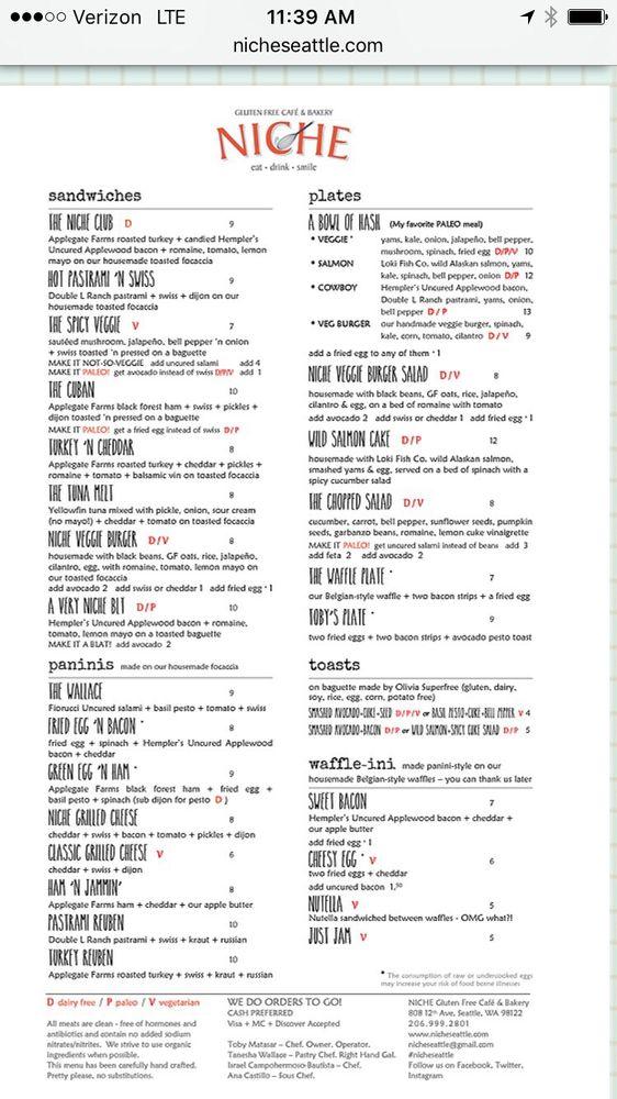Menu at Niche cafe, Seattle