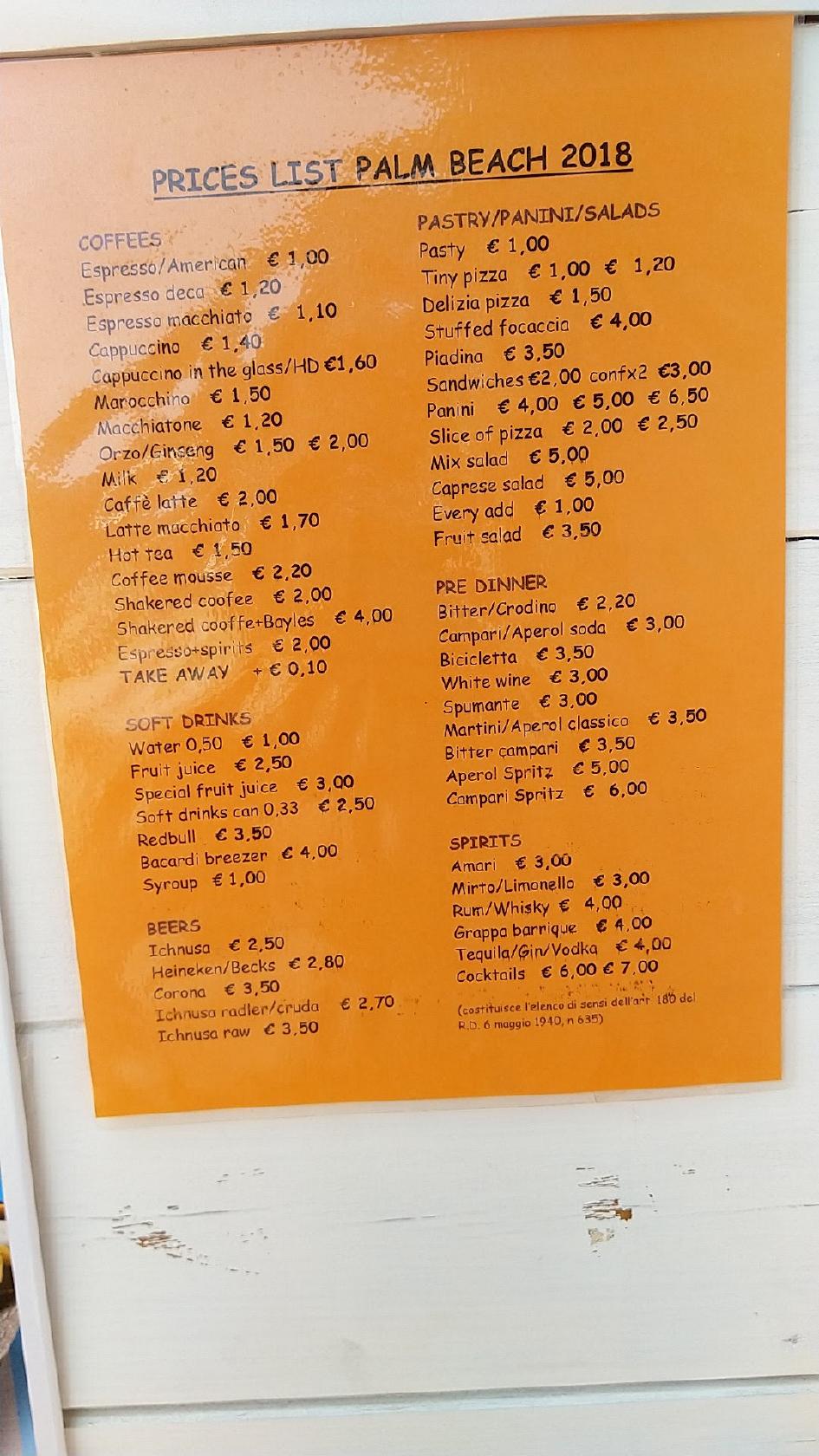 Menu at Palm Beach Bar, Torre Delle Stelle (Maracalagonis)