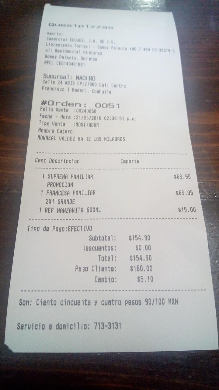 Menu at QUESI PIZZAS restaurant, Francisco I. Madero