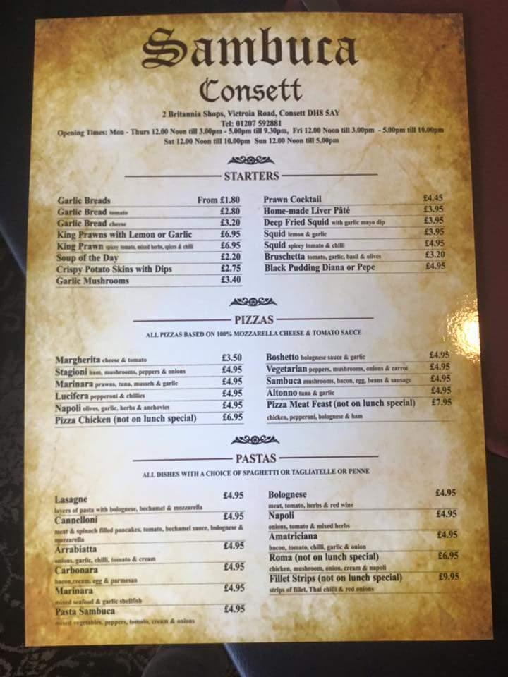 Menu at Sambuca Consett restaurant, Consett