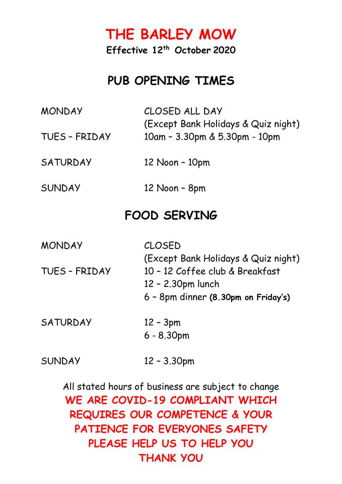 Menu at The Barley Mow Winchfield, Hartley Wintney