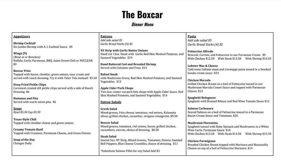 Menu at The Boxcar of Saint Marys restaurant, Saint Marys