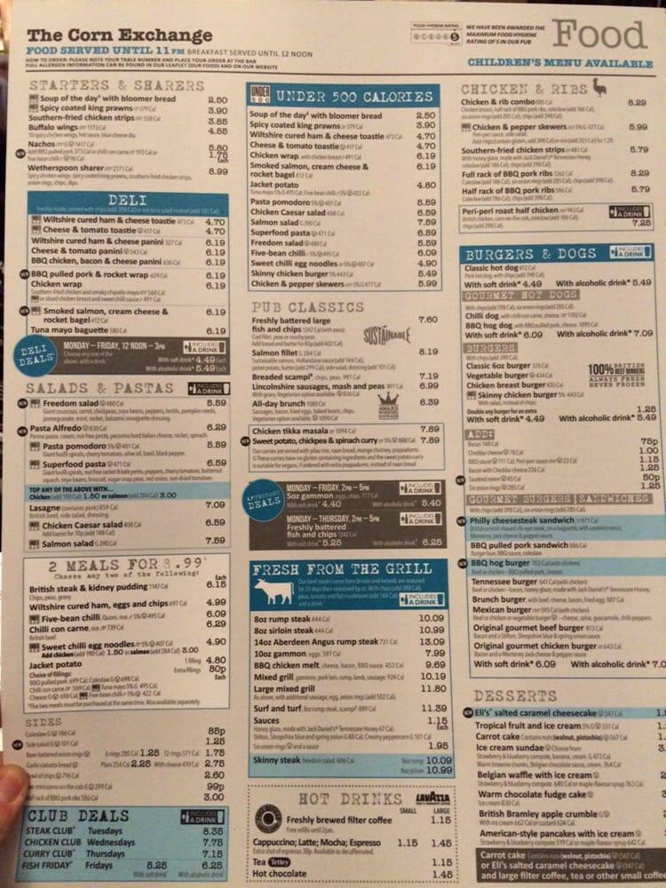 Menu at The Corn Exchange - JD Wetherspoon pub & bar, Bury Saint Edmunds