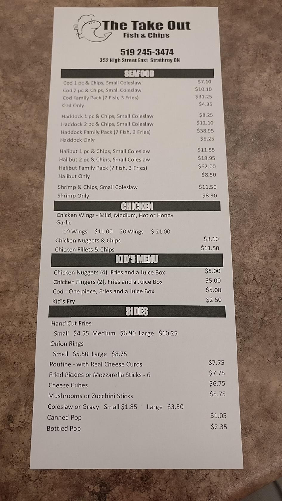 Menu at The Take Out Fish & Chips Strathroy restaurant, Strathroy