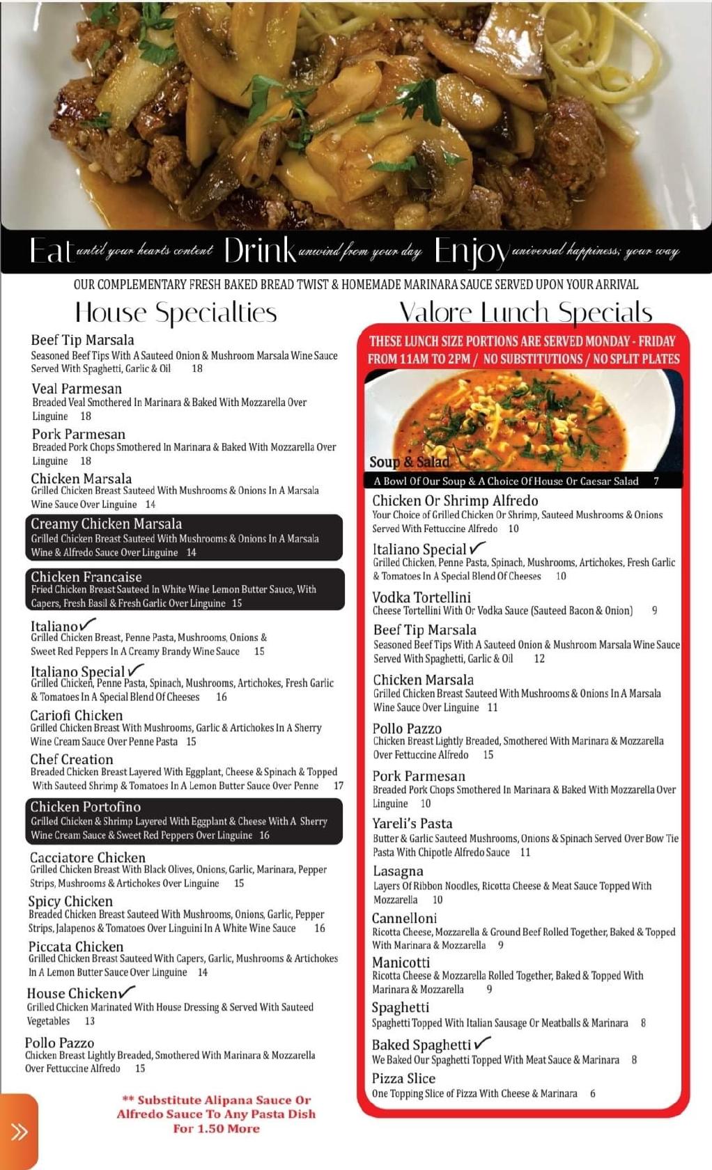 Menu at Valore Italian Restaurant and Grill, Amarillo