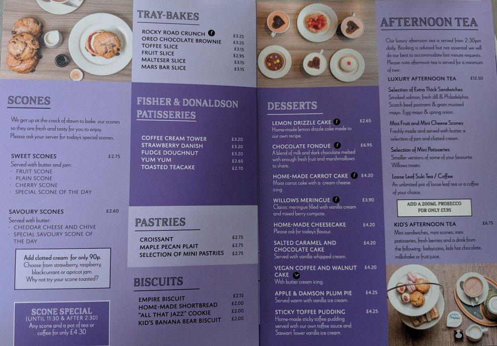 Menu at Willows cafe, Perth
