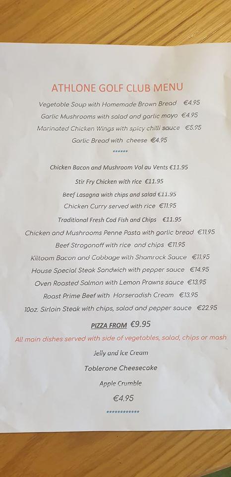 Menu at Athlone Golf Club Restaurant & Bar Athlone, Ireland