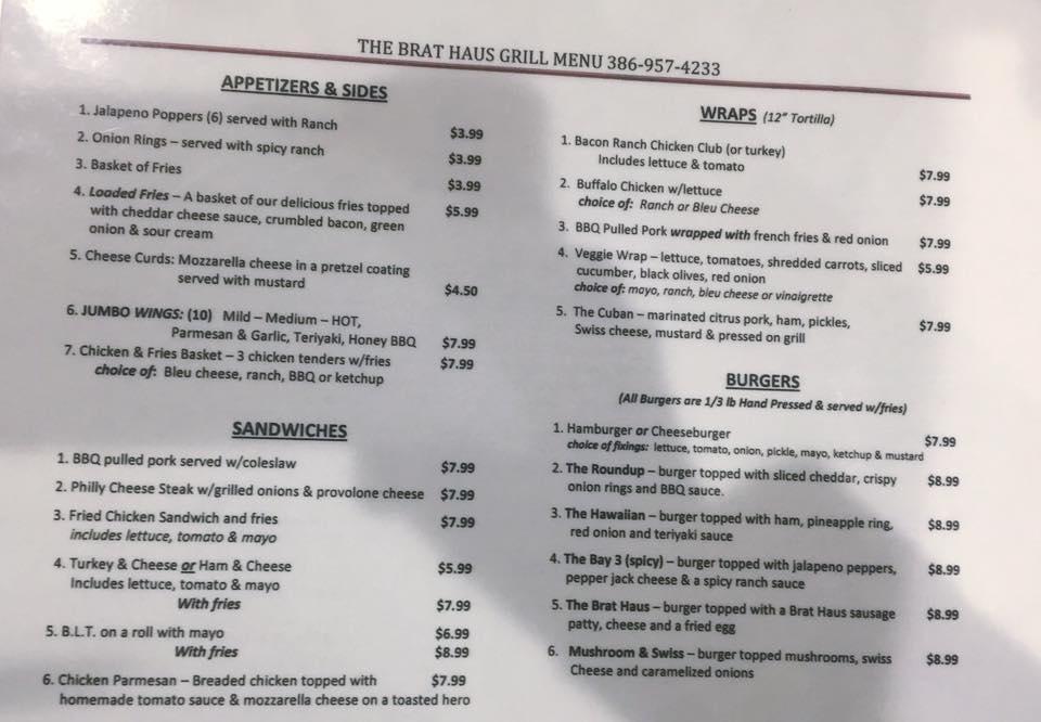 Menu at Brat Haus restaurant, New Smyrna Beach