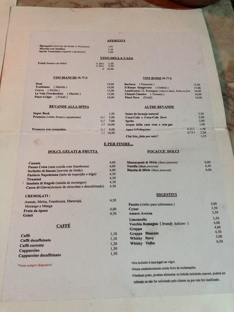 Menu at Casanova pizzeria, Lisbon