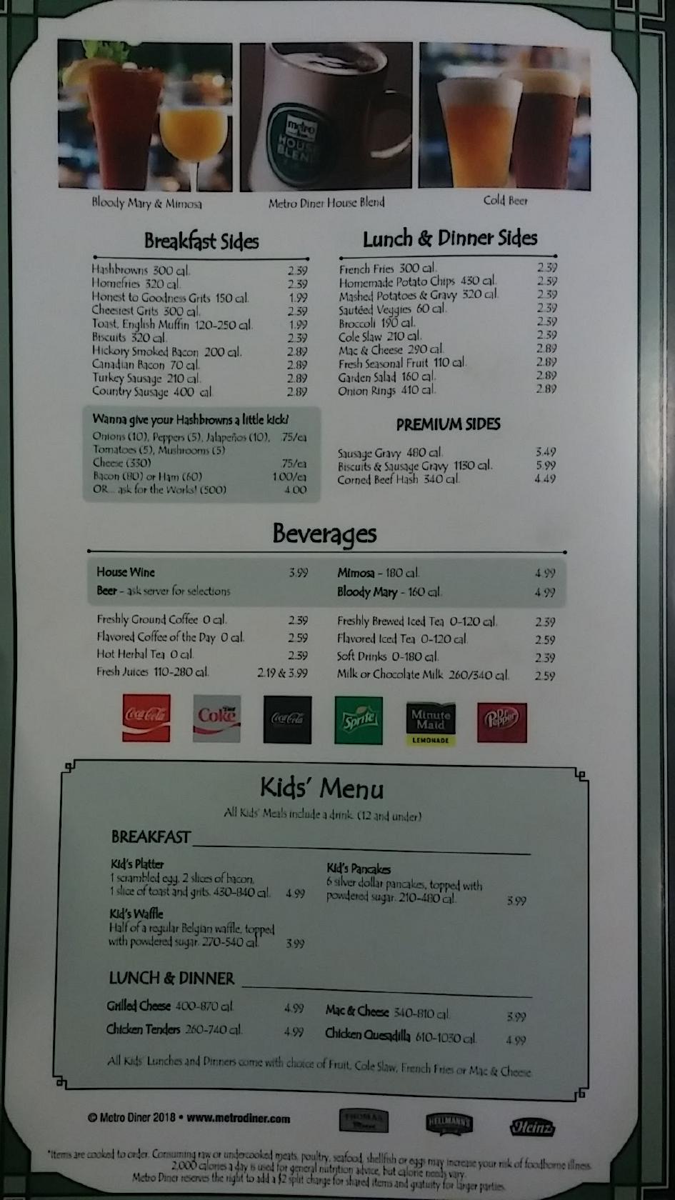 Menu at Metro Diner restaurant, Plainfield