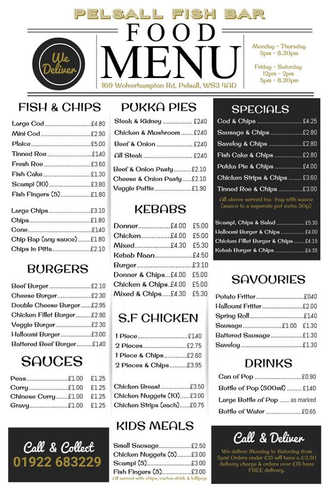 Menu at Pelsall Fish Bar, Walsall, 169 Wolverhampton Rd, Pelsall