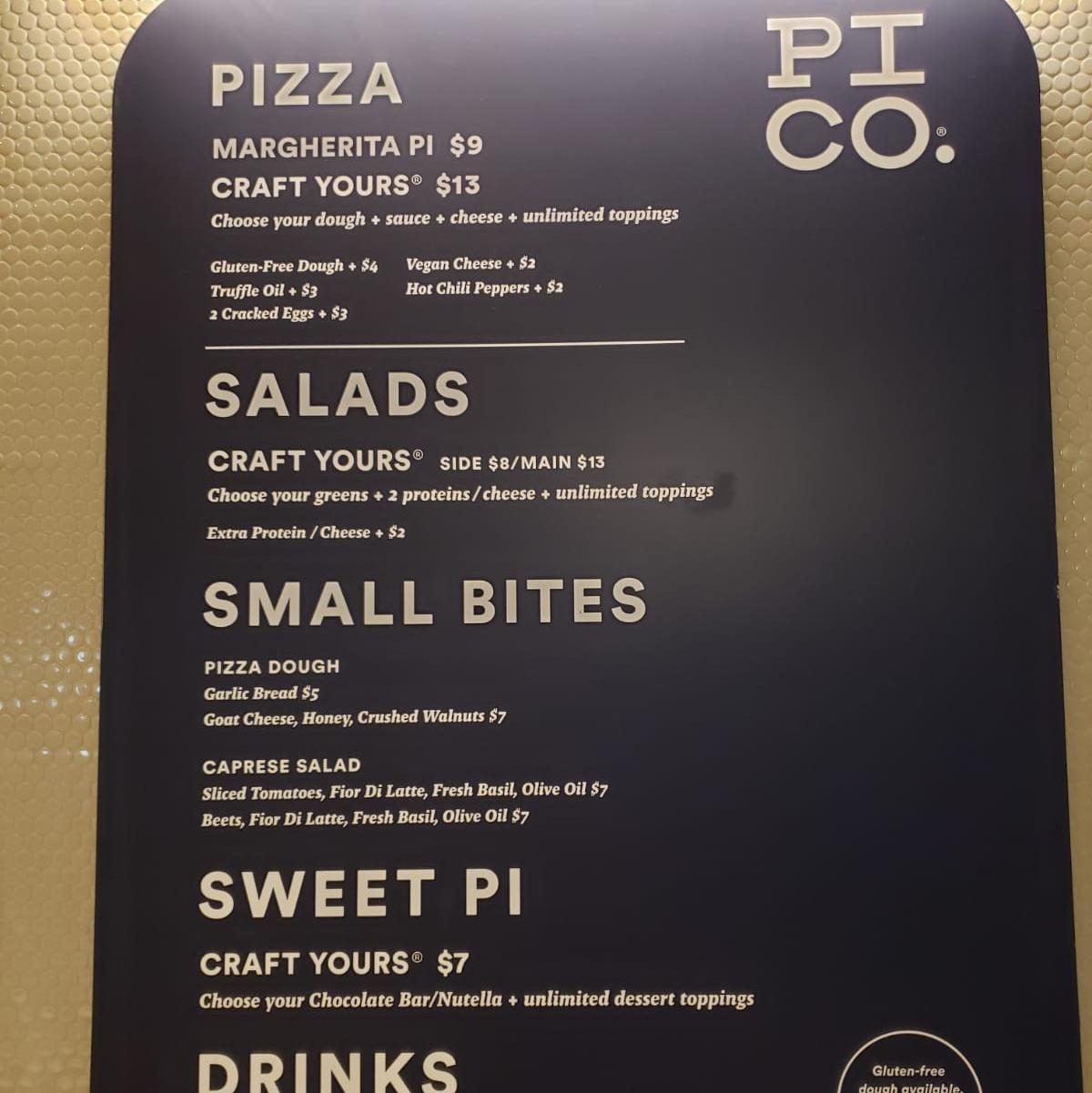 Menu at Pi Co. Pizza Bar, Saskatoon