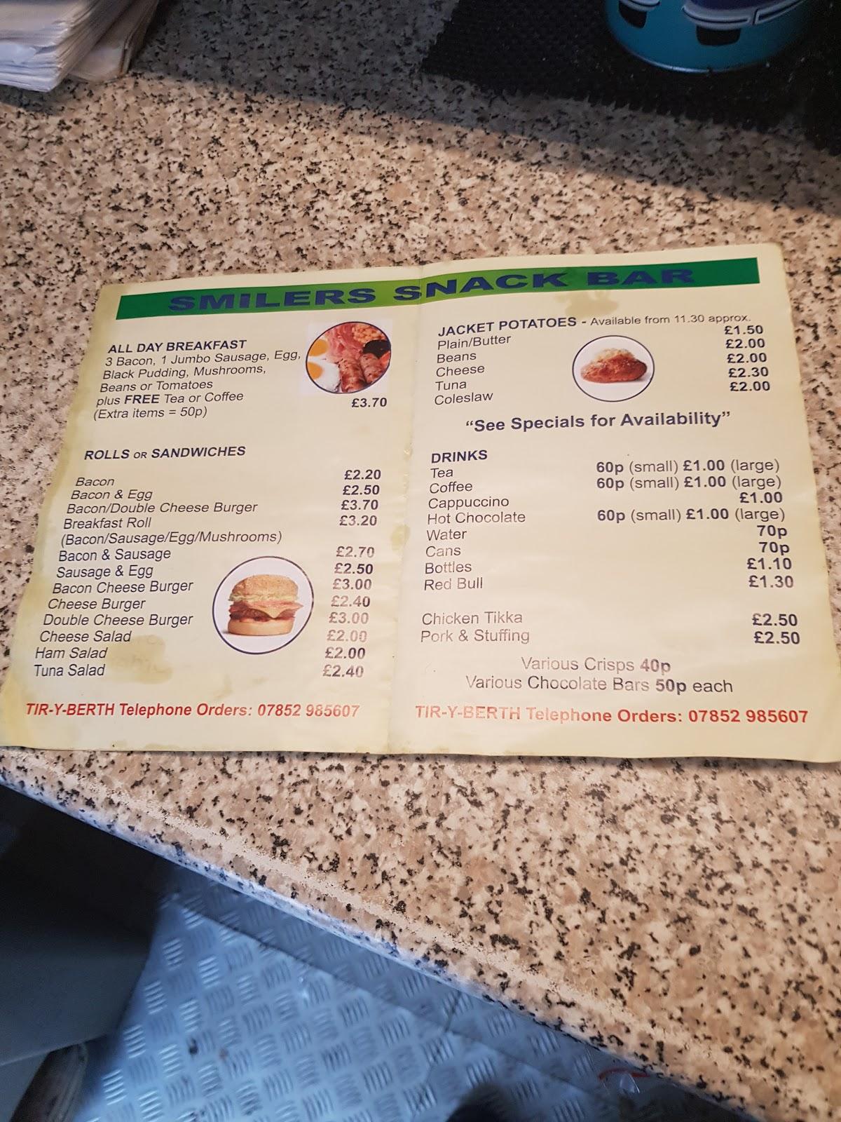 Menu at Smiler's Catering cafe, Hengoed