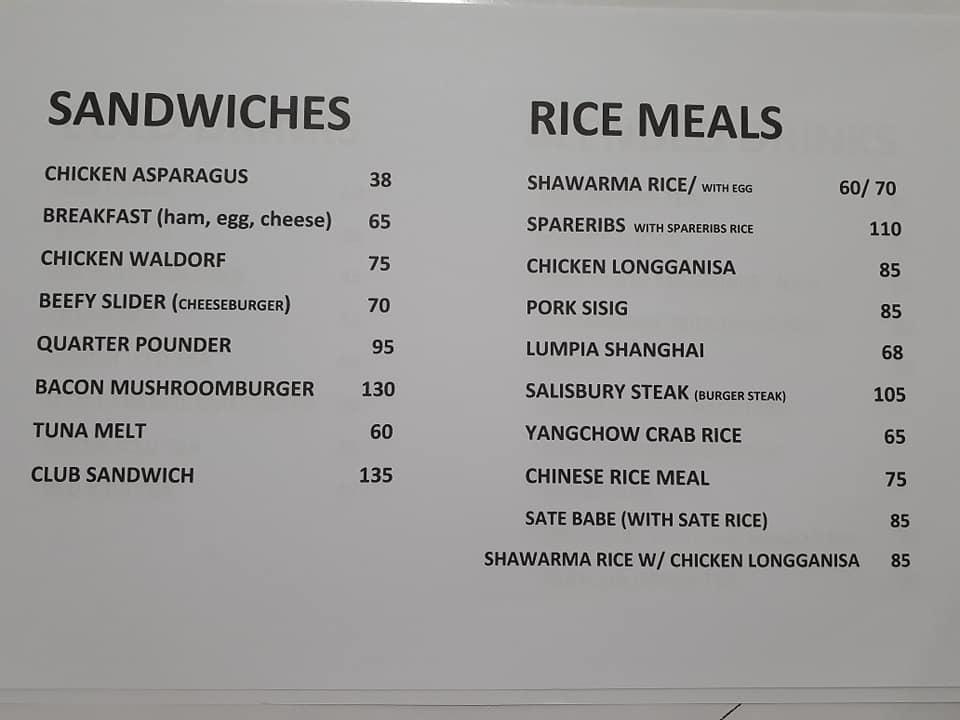 Menu at Rac's Cafe, Victorias City