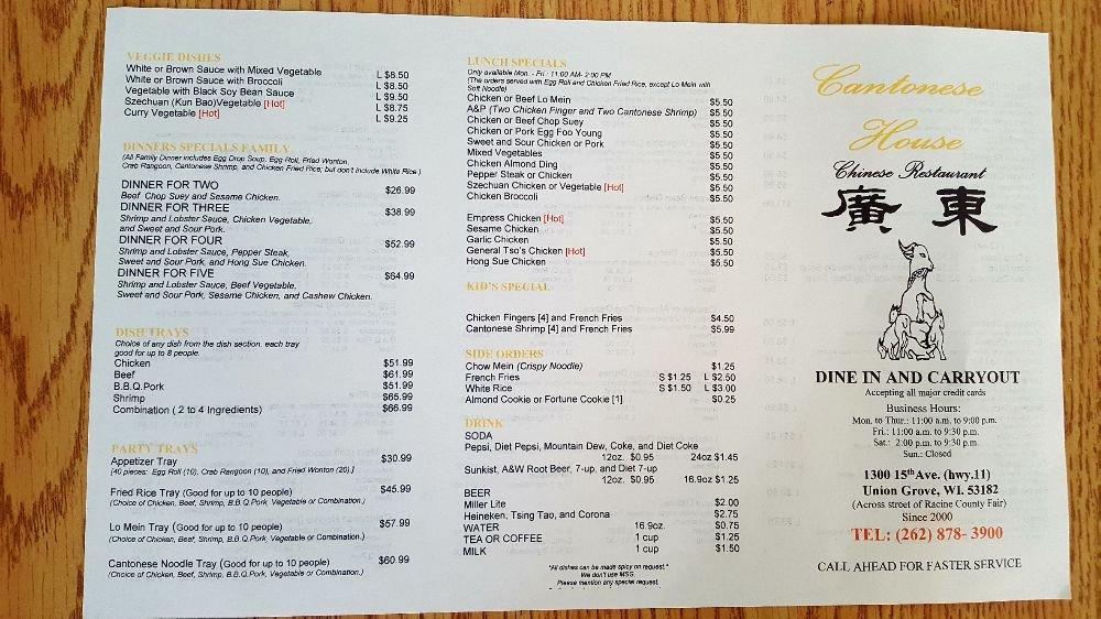 Menu at Cantonese House Chinese Restaurant, Union Grove