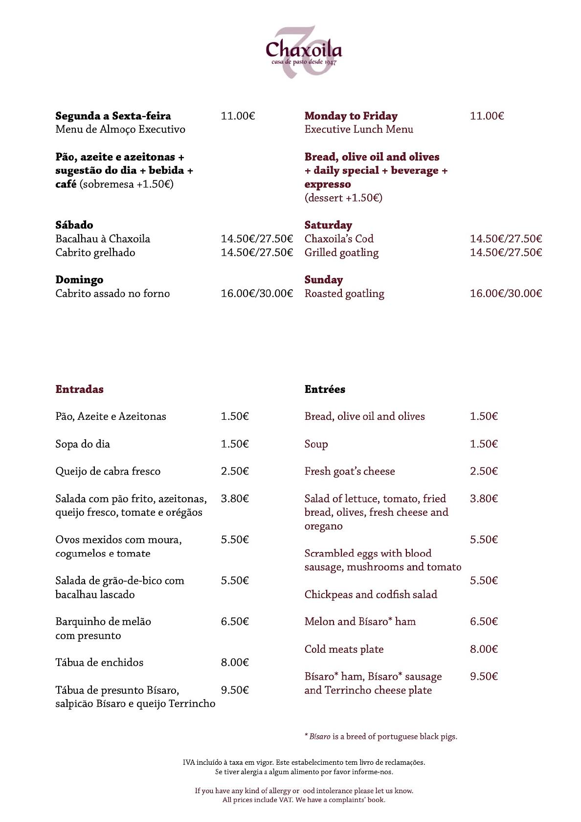 Menu em Casa de Pasto Chaxoila restaurante, Vila Real