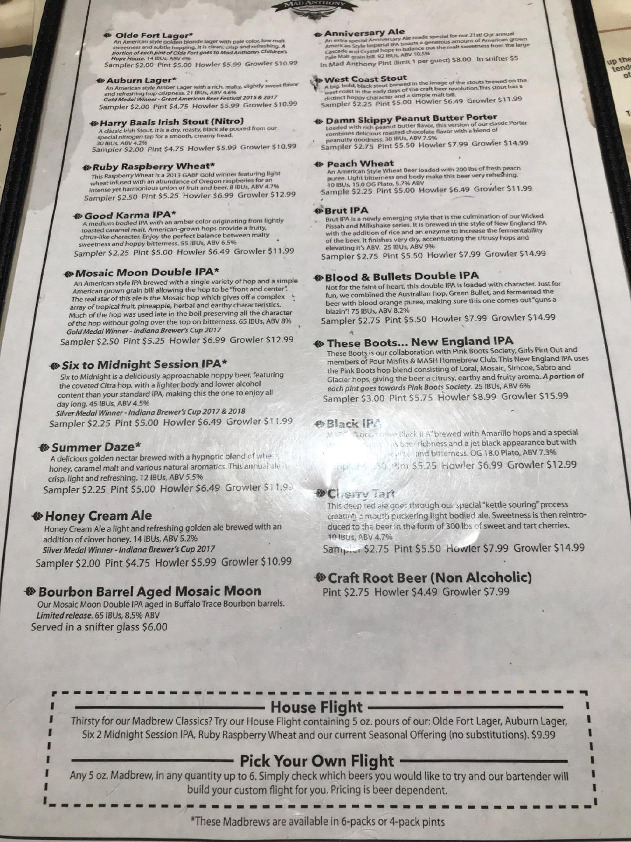 Menu at Mad Anthony's Auburn Tap Room pizzeria, Auburn