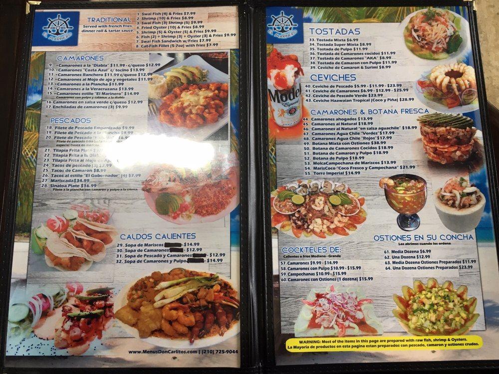 Menu at Mariscos El Marinero restaurant, San Antonio, McCullough Ave