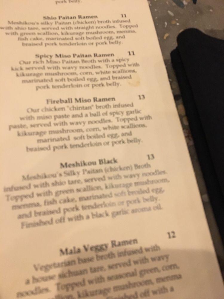 Menu at Meshikou Ramen restaurant, Columbus