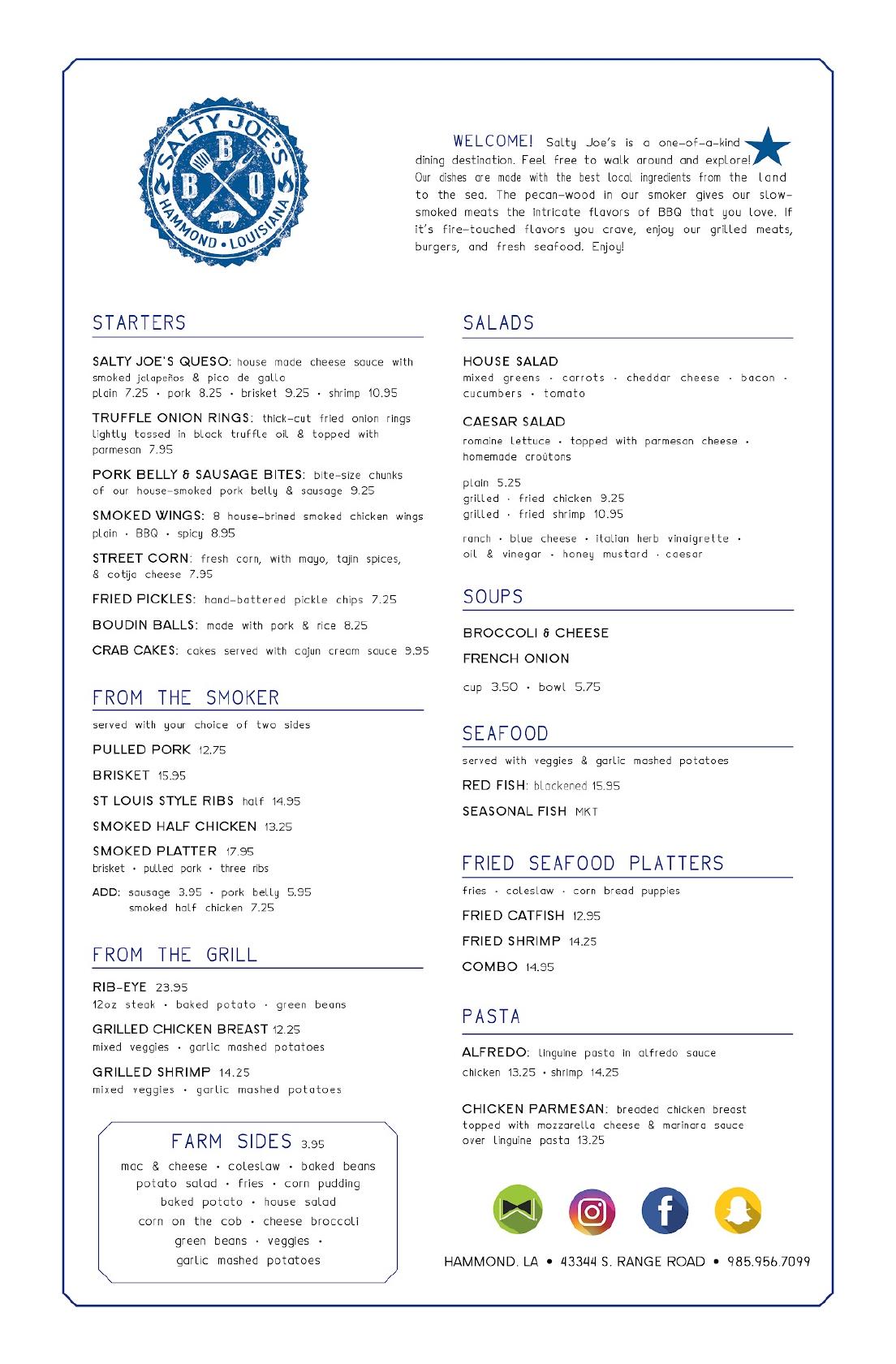 Menu at Salty Joe's BBQ Shop, Hammond