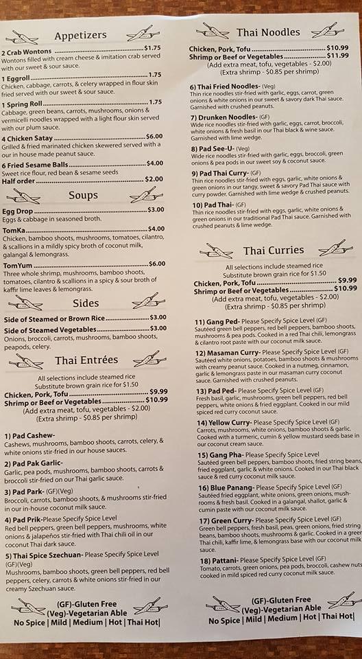 Menu at Thai Express restaurant, Menominee