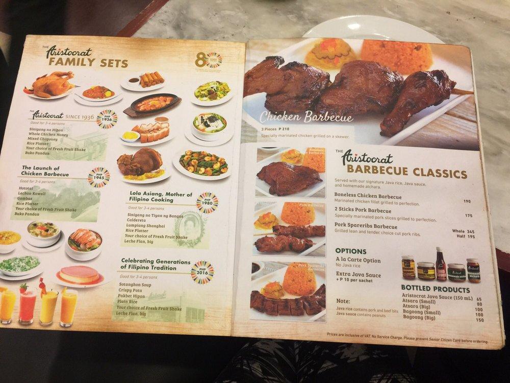 Menu at The Aristocrat Restaurant, Manila, 1004 San Andres St