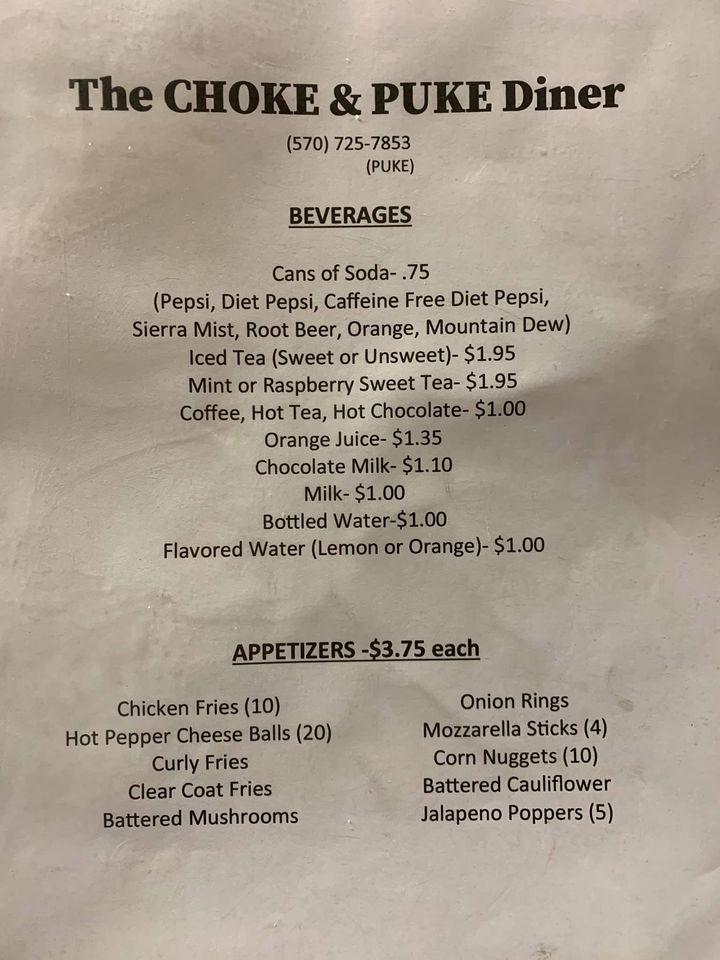 Menu at The Choke and Puke Diner restaurant, Loganton