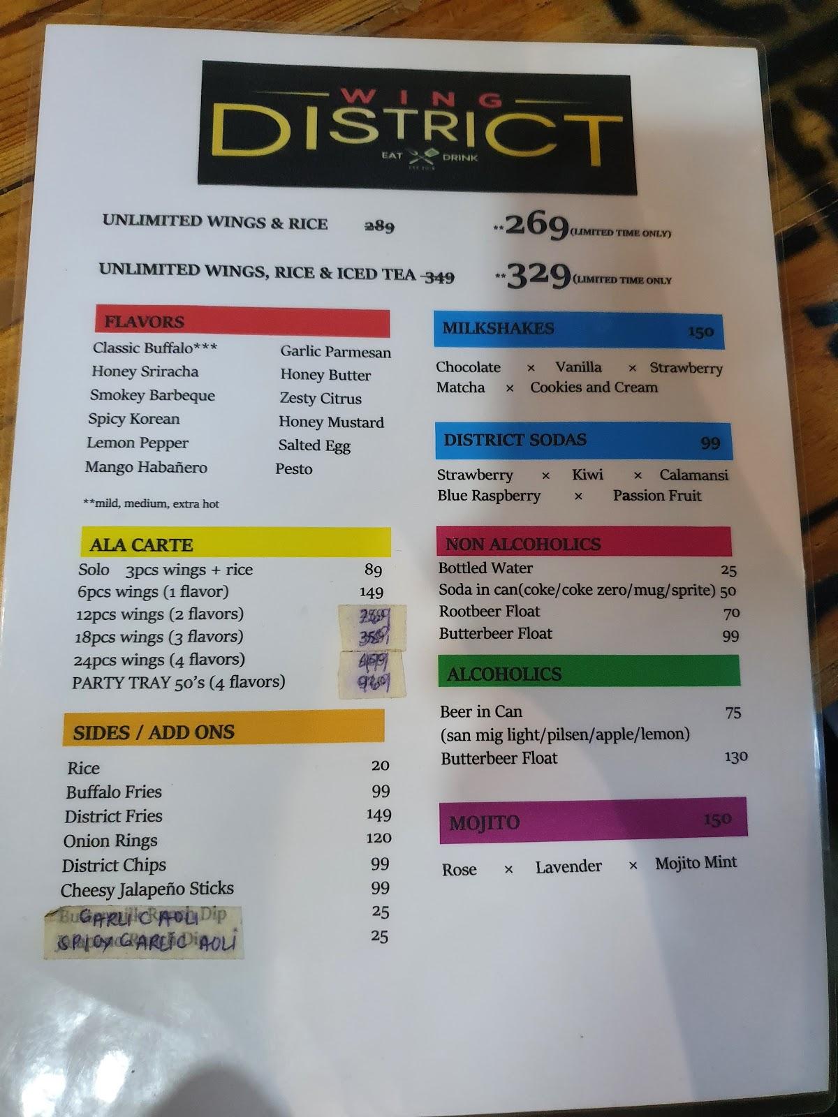 Menu at WING DISTRICT restaurant, Taytay
