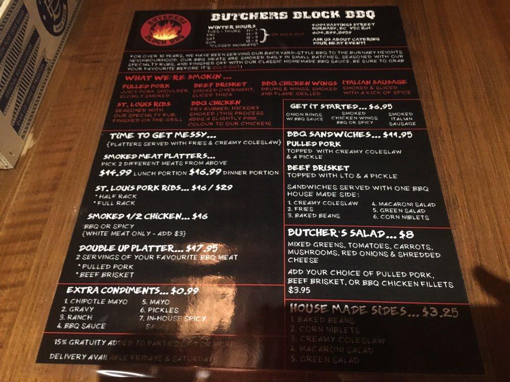 Menu at Butchers Block BBQ, Burnaby
