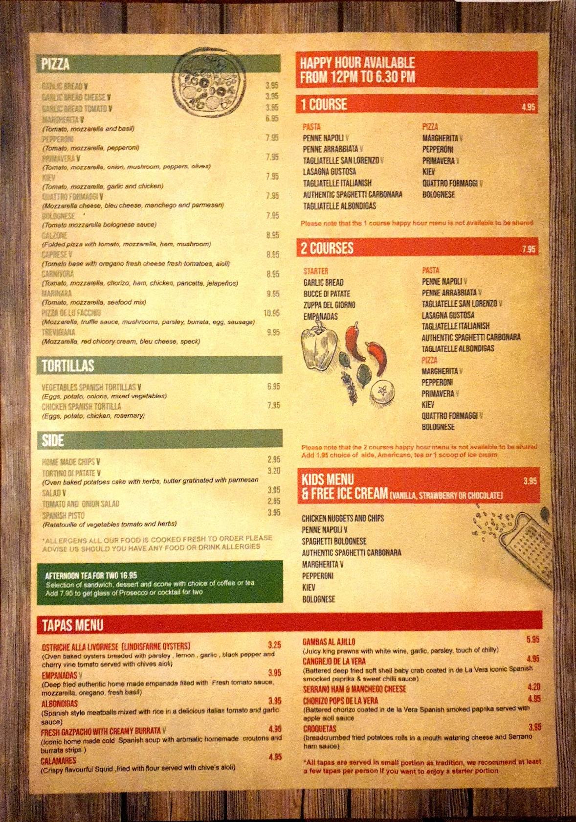 Menu at Italianish restaurant, South Shields