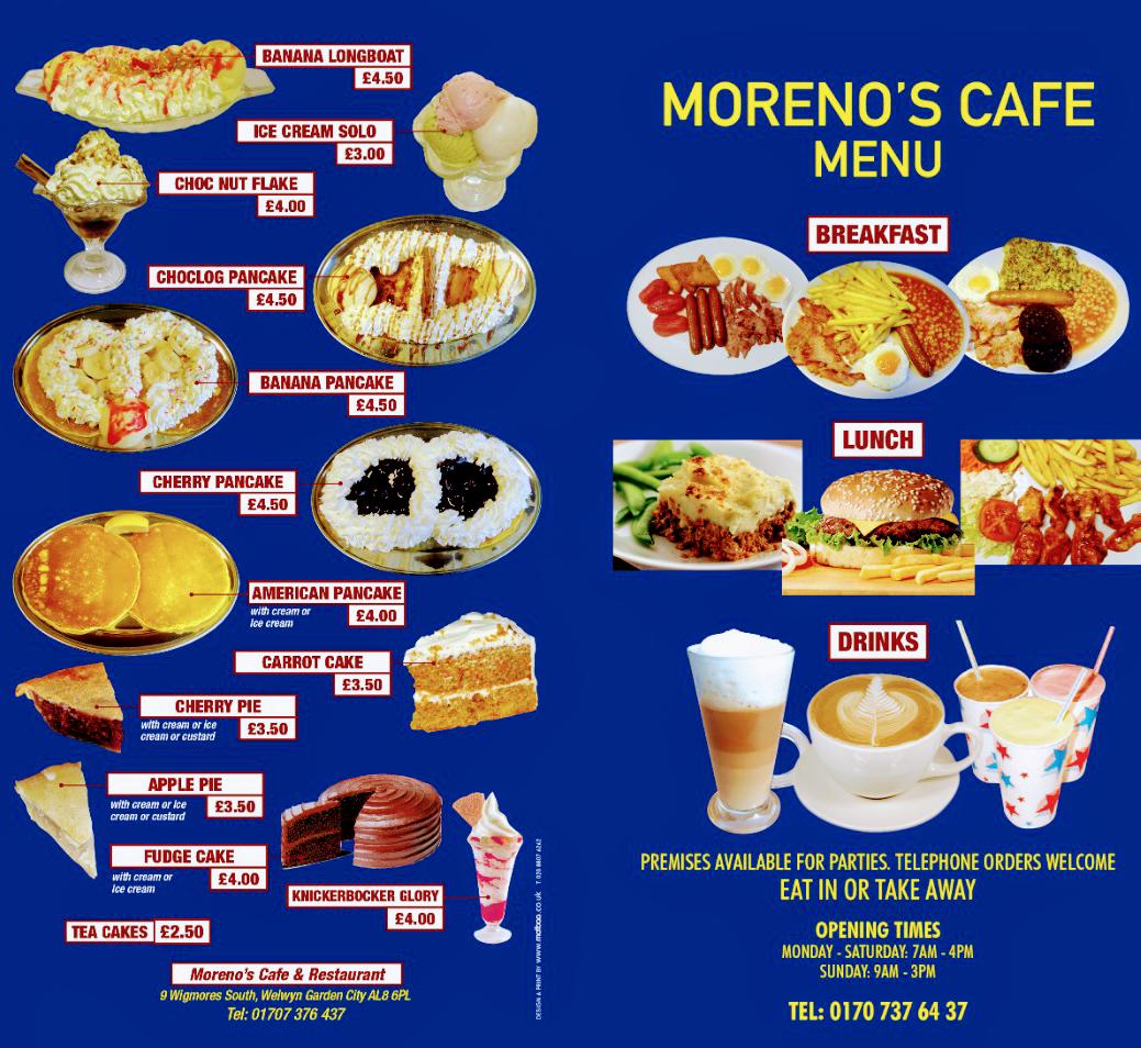 Menu at Moreno's Cafe, Welwyn Garden City