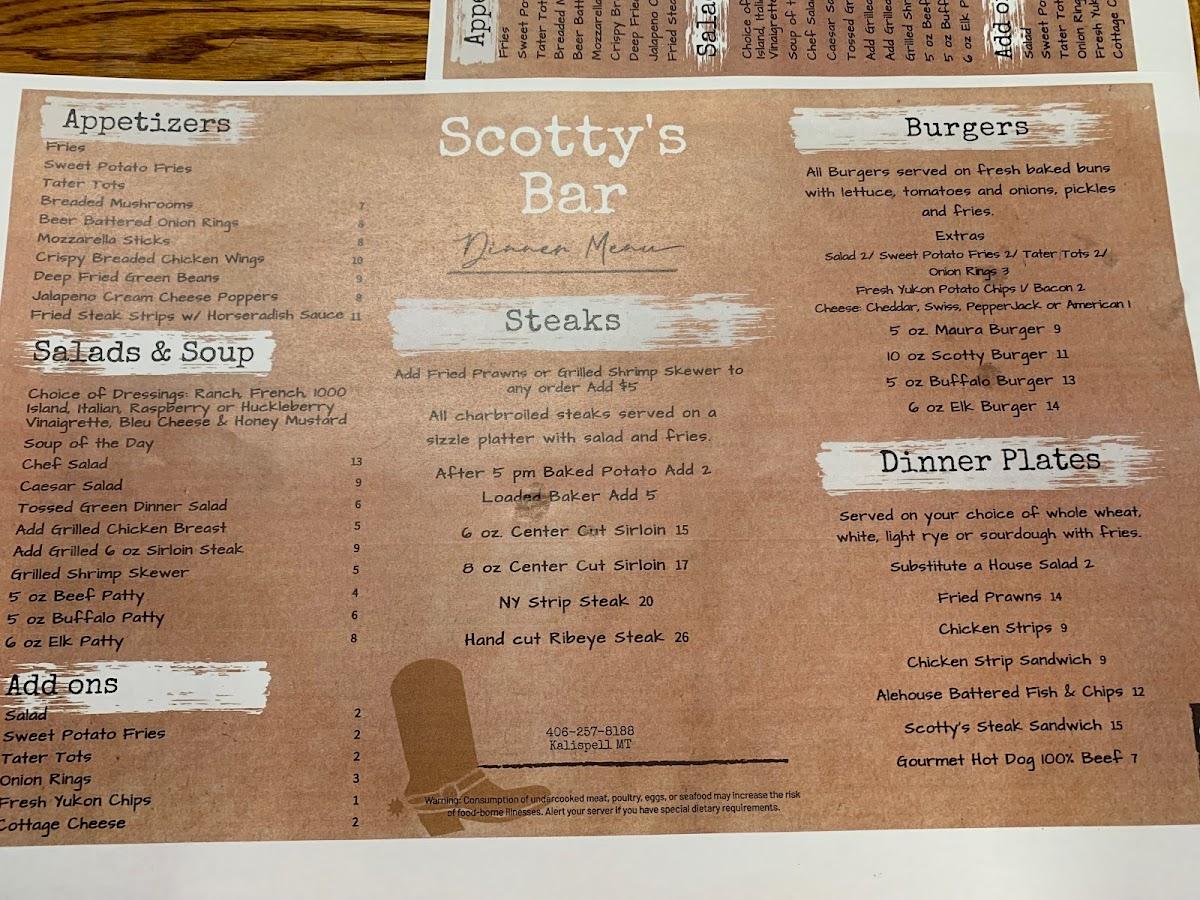 Menu at Scotty's Bar, Kalispell