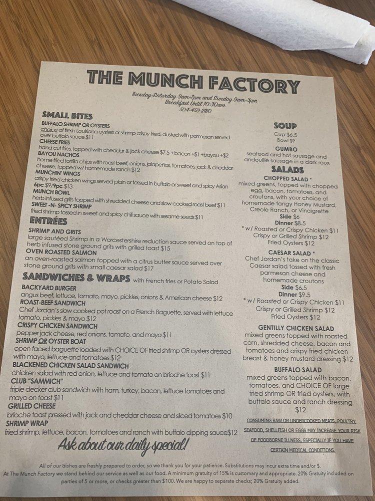 Menu at The Munch Factory restaurant, New Orleans, Congress Dr