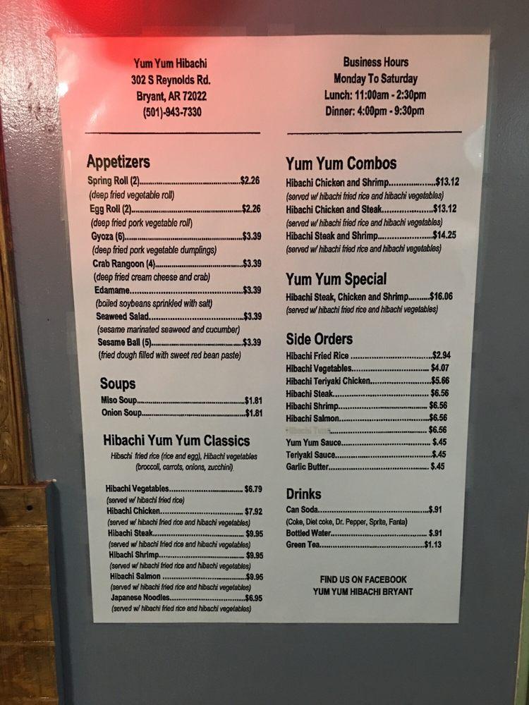 Menu at Yum Yum Bryant restaurant, Bryant