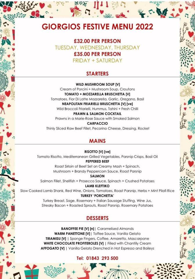 Menu at Giorgios restaurant, Margate