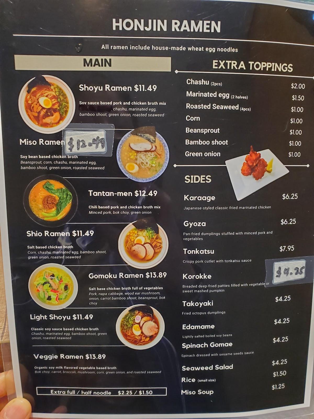 Menu at Honjin Ramen restaurant, Coquitlam