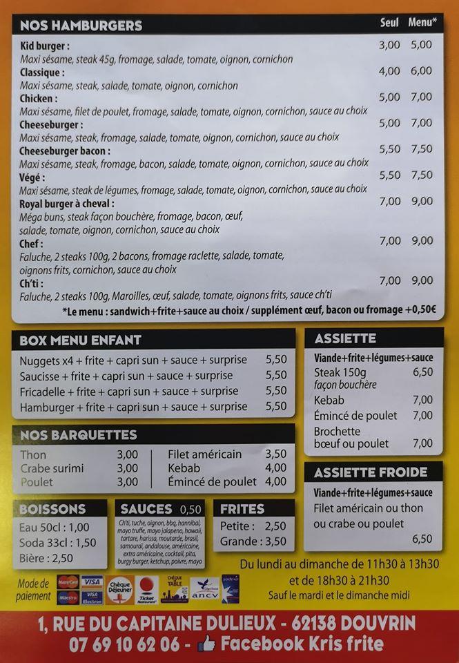 Menu at Kris Frite restaurant, Douvrin