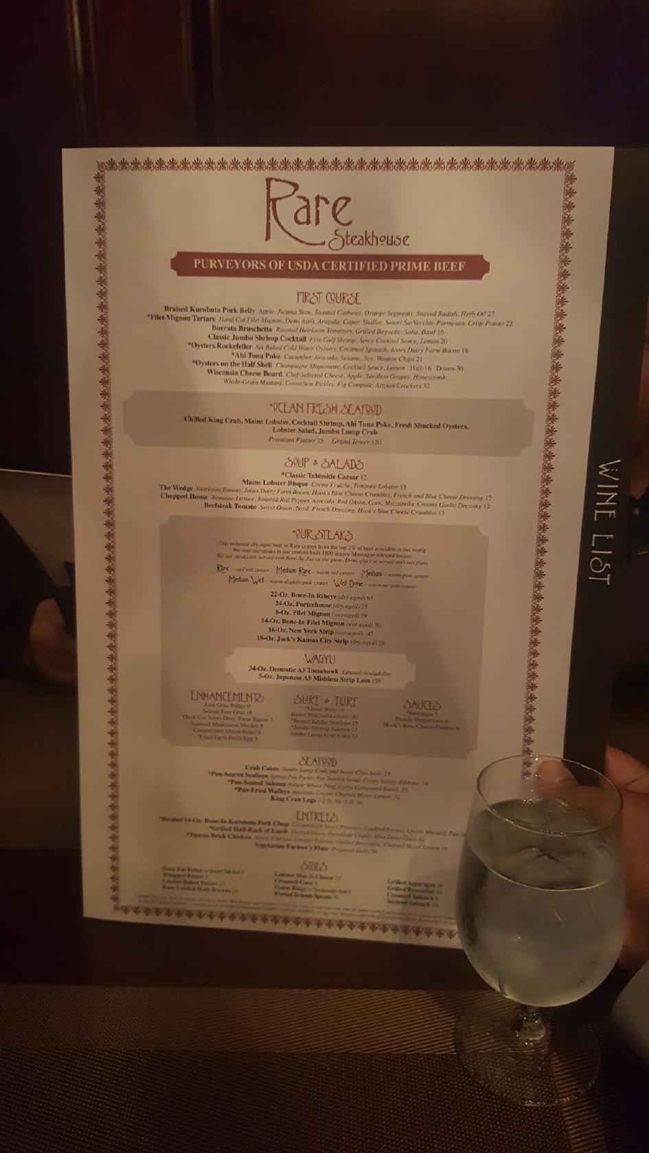 Menu at Rare Steakhouse, Milwaukee