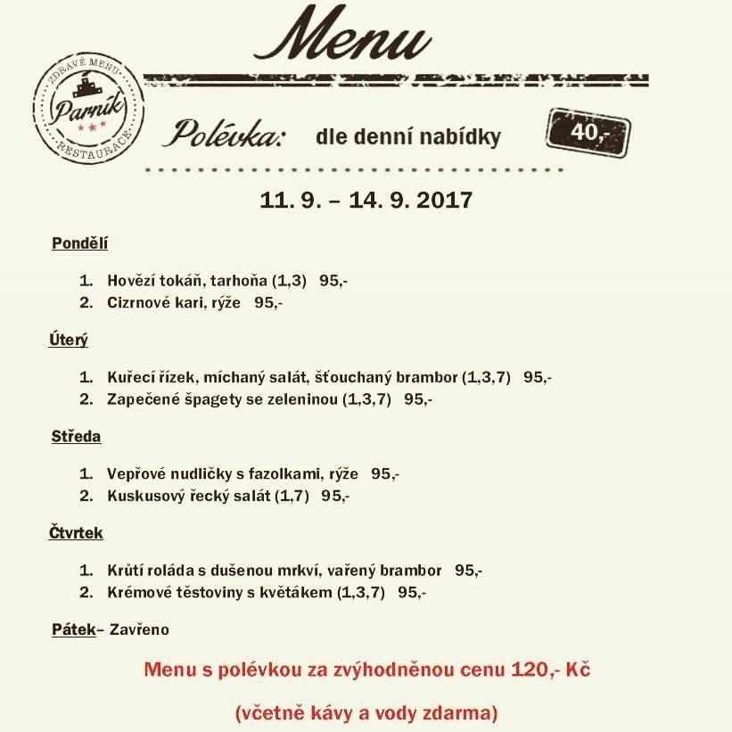 Menu at Restaurace Parník restaurant, Ostrava