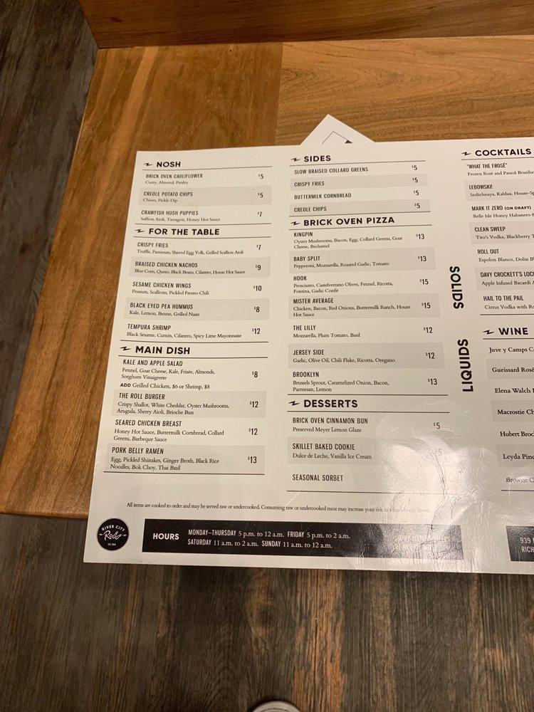 Menu at River City Roll pizzeria, Richmond
