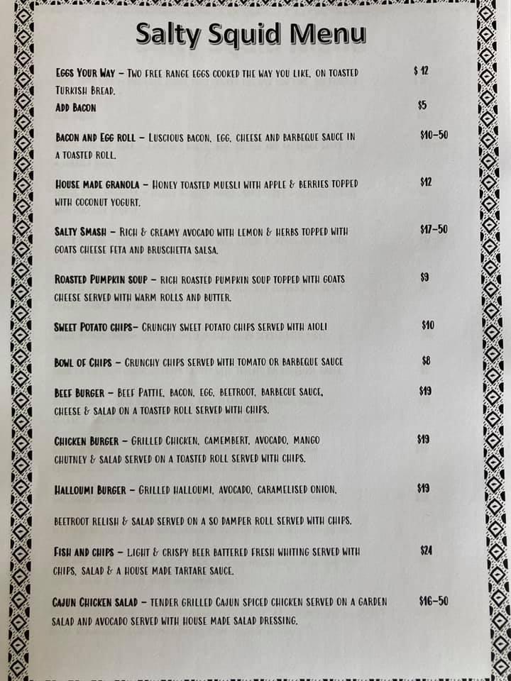 Menu at Salty Squid Licensed Seafood Bistro restaurant, Toogoom