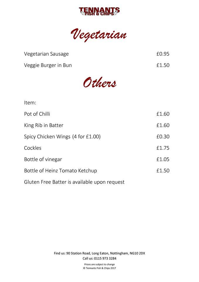 Menu at Tennants Fish & Chips restaurant, Nottingham