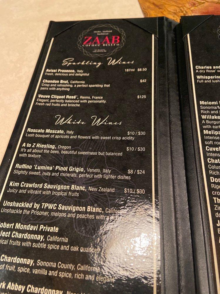 Menu at ZAAB Corner Bistro BBQ, Lake Geneva